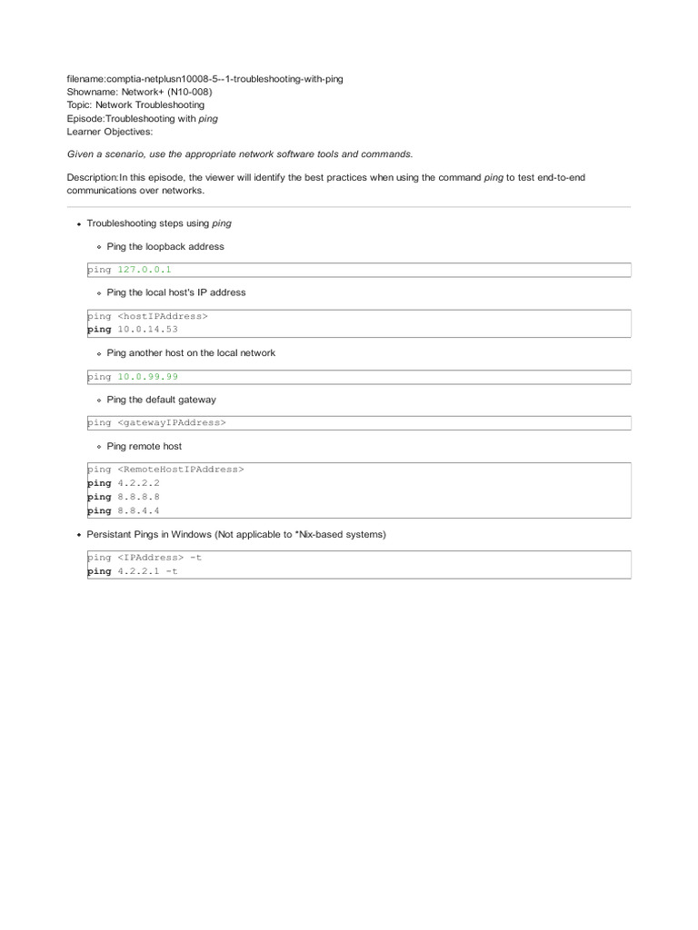 Comptia Netplusn10008 5 1 Troubleshooting With Ping | PDF
