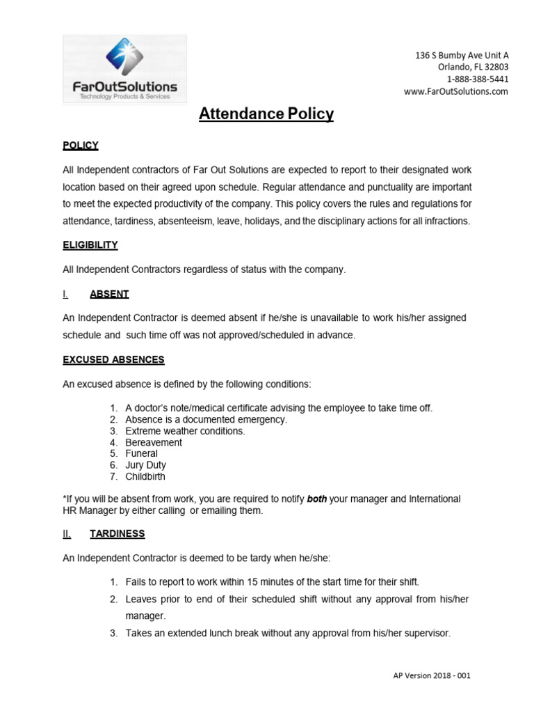 Attendance Policy (FOS SUPPORT) | PDF | Employment | Business