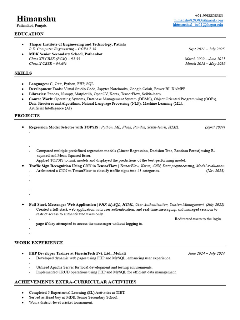 Himanshu's Computer Engineering Resume | PDF | Machine Learning | Php