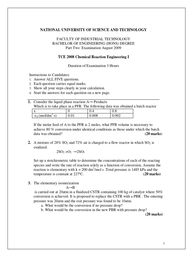 TCE2008200908 Chemical Reactions Engineering I | PDF | Chemical Reactor ...