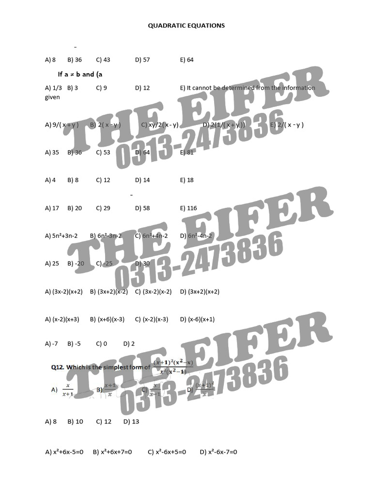 3 Quadratic Equations Pdf Equations Elementary Mathematics