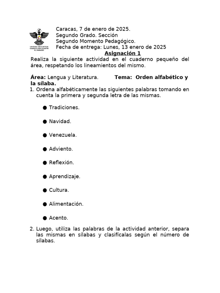 Orden Alfabético y Sílabas en Lengua | PDF