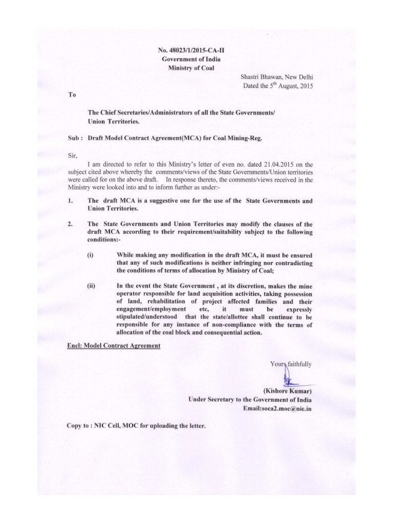 Draft Model Contract Agreement For Coal Mine | PDF | Indemnity ...