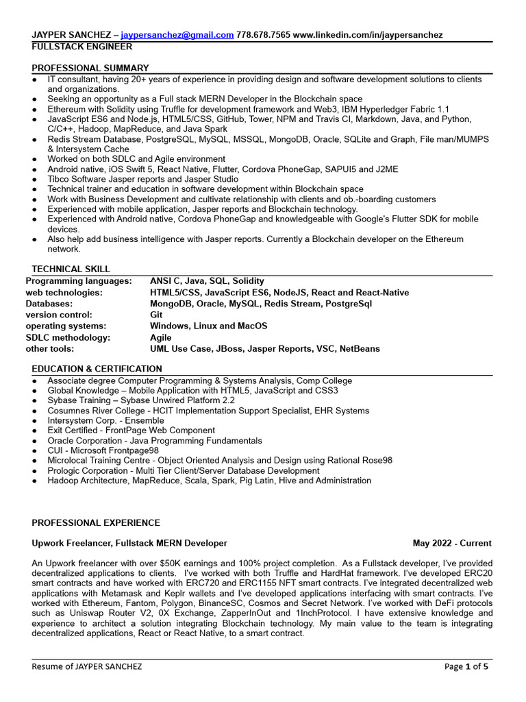 Fullstack Engineer Resume | PDF | Microsoft Sql Server | Java (Programming Language)