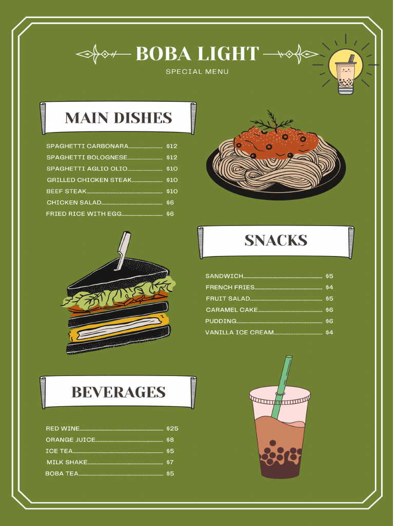 Boba Light Restaurant Menu | PDF