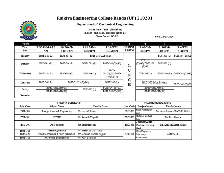 2nd year TIME TABLE | PDF | Engineering | Applied And Interdisciplinary Physics