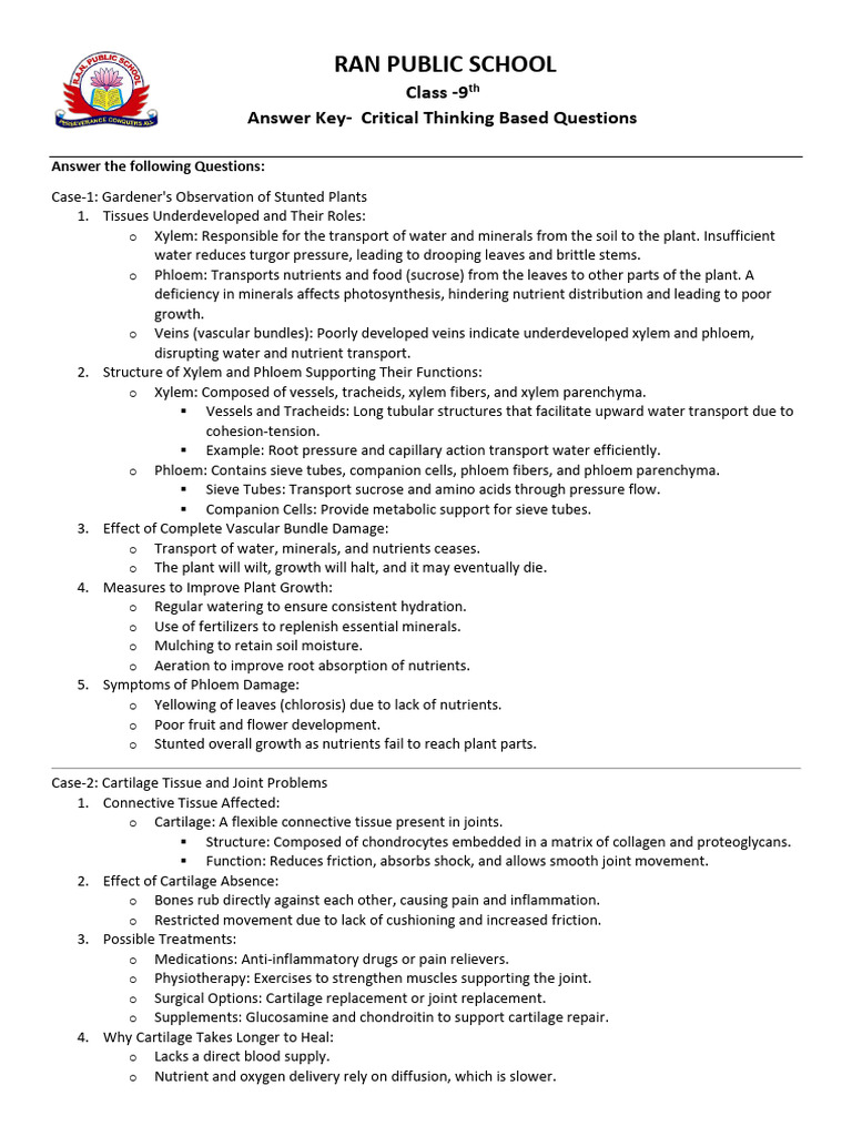 Class 9 Critical Thinking Answer Key | PDF | Plant Nutrition | Tissue ...