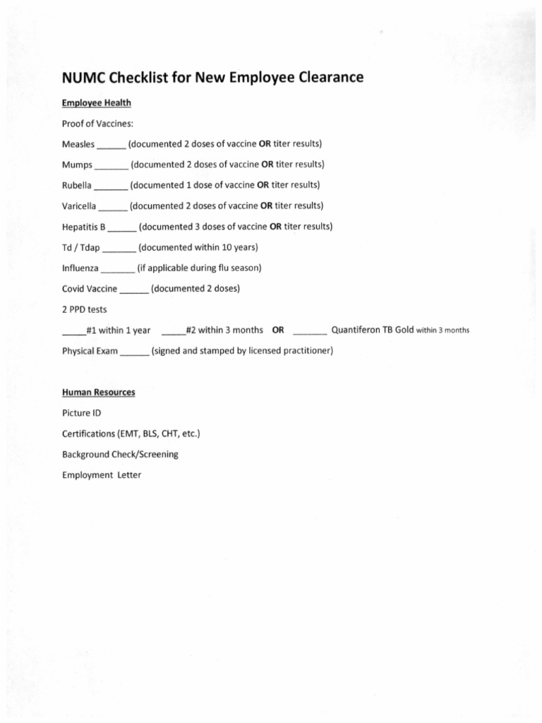 NUMC Emplyee Packet Req | PDF