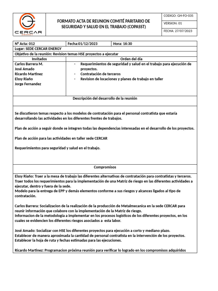 Acta de reunión COPASST dic 23 | PDF