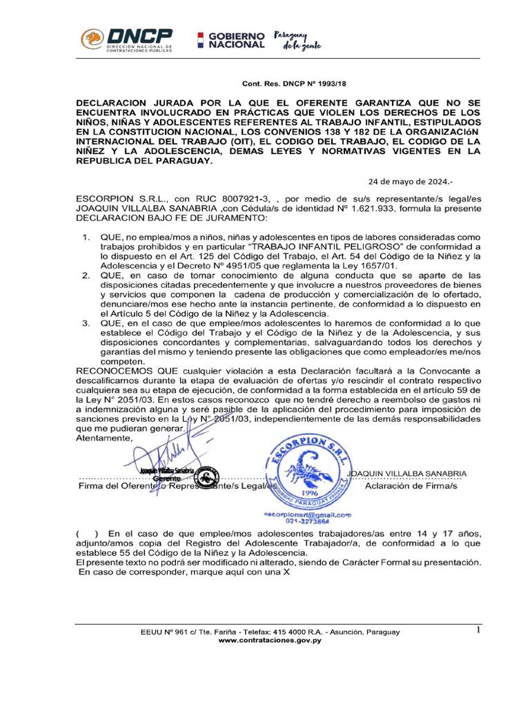 Declaracion Jurada - Menores DNCP - Año 2024 | PDF