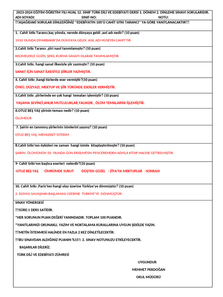 Edebi̇yatin Yüzü 12 Sinif Tde 2 Di̇nleme Sinavi Cevap Anahtari | PDF