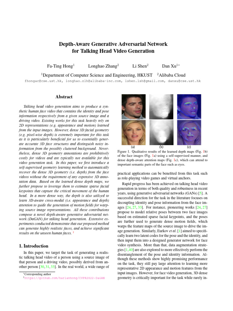 Depth-Aware Generative Adversarial Network for Talking Head Video Generation | PDF | 3 D ...