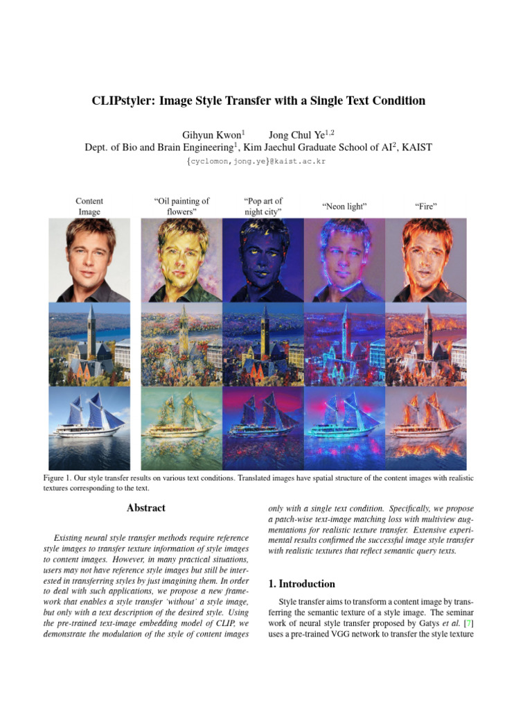 CLIPstyler - Image Style Transfer With A Single Text Condition | PDF | Texture Mapping | Applied ...