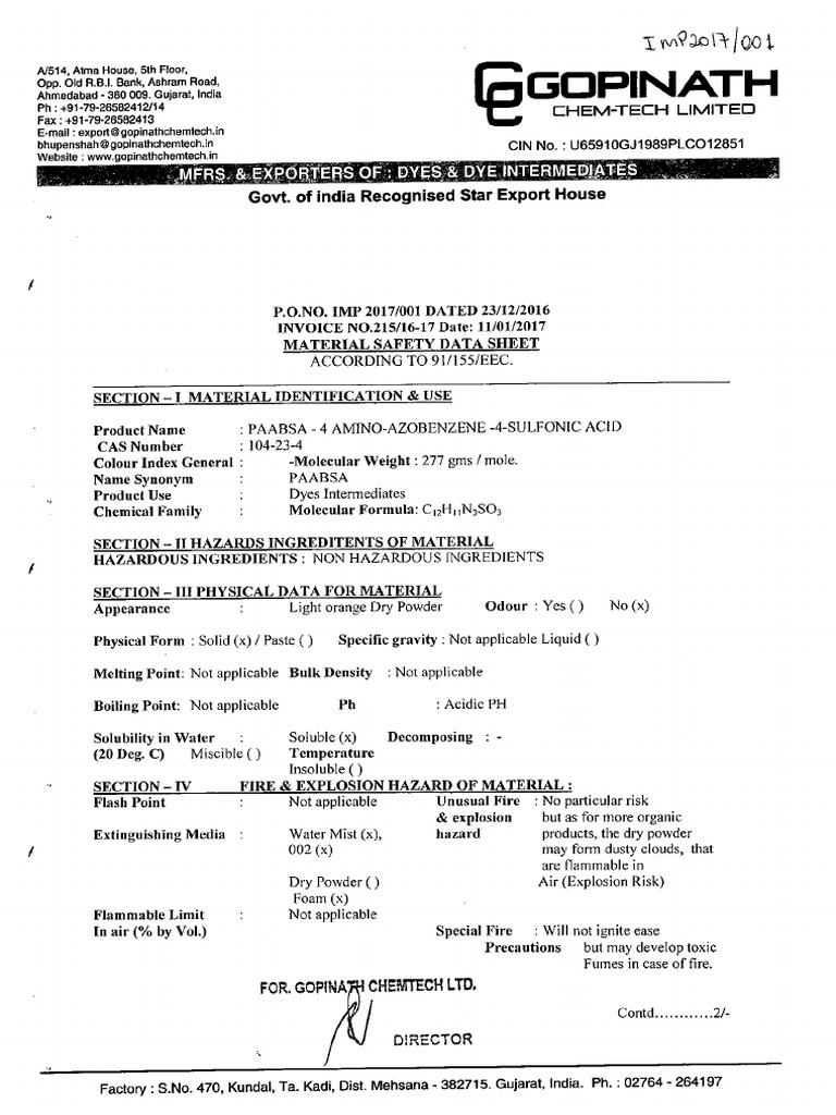SDS - 4-AMINO-AZOBENZENE-4-SULFONIC PM277 (PAABS) | PDF