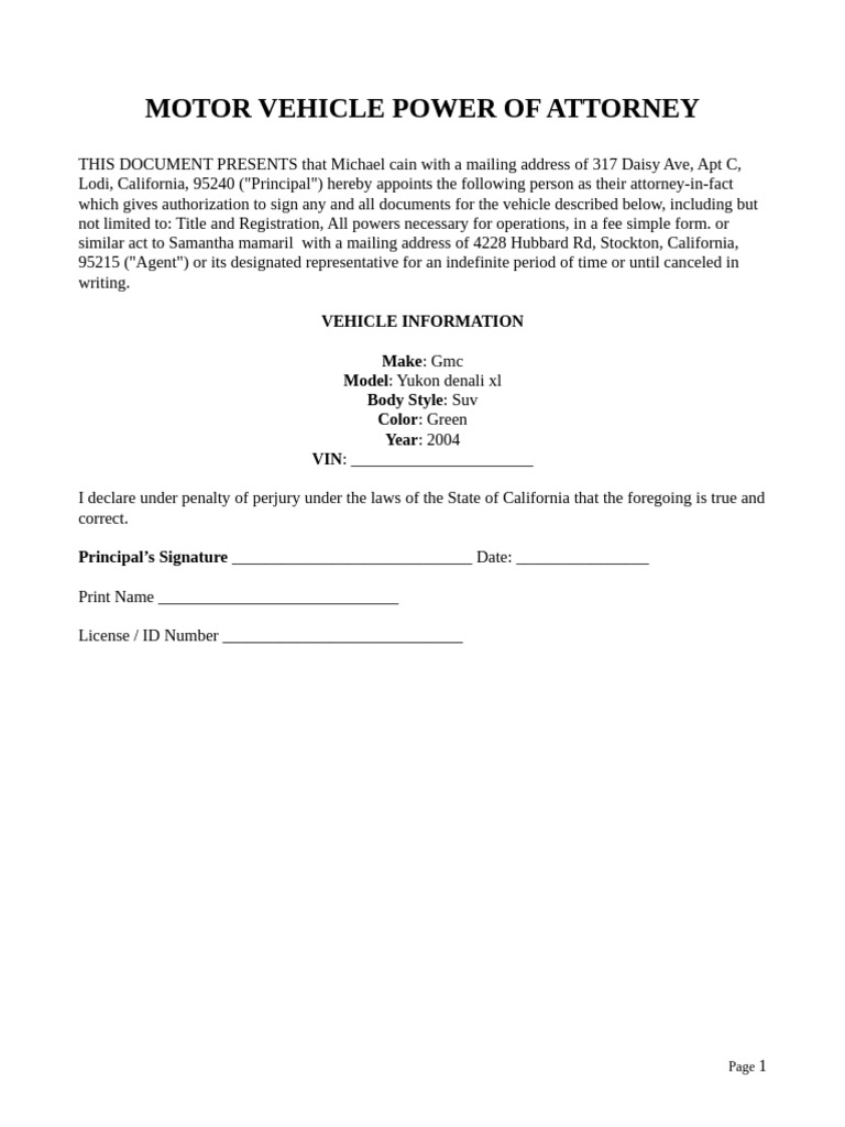 California Motor Vehicle Power of Attorney | PDF | Power Of Attorney ...