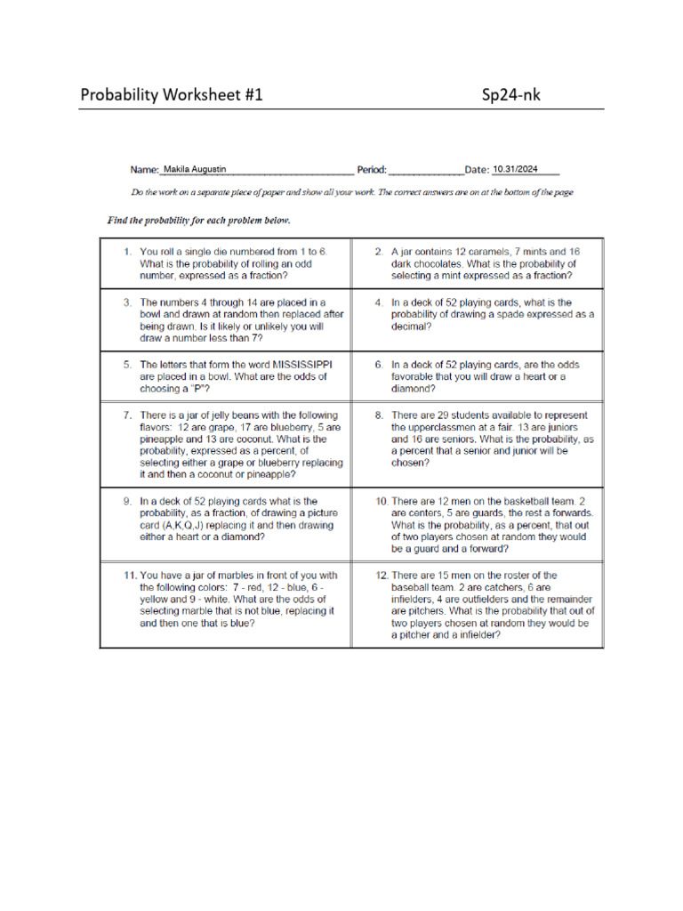 Probability Worksheet 1 | PDF