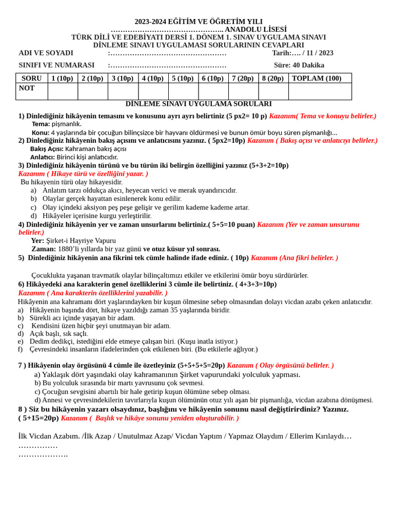2023-2024 Tde Di̇nleme Sinavi Cevap Anahtari | PDF