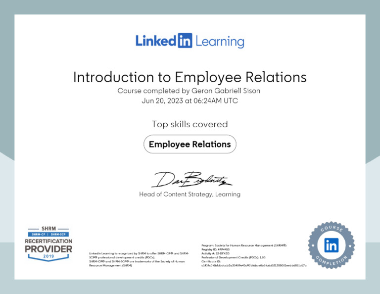 CertificateOfCompletion_Introduction to Employee Relations | PDF