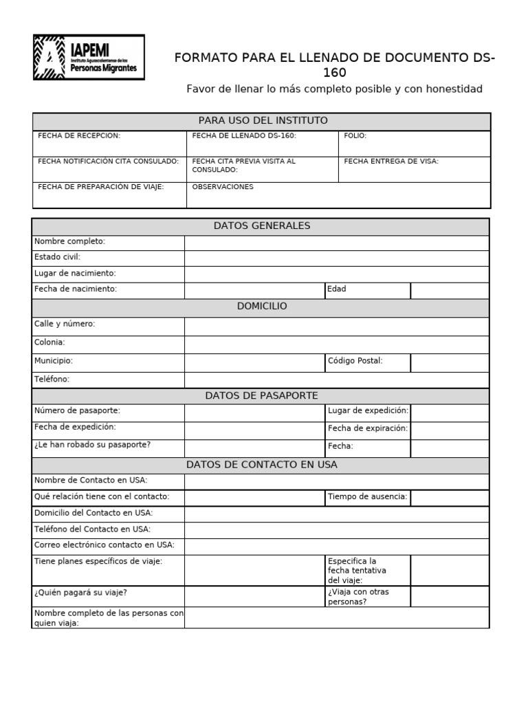 Formato de Solicitud de Visa DS-160 | PDF | Visa de viaje | Gobierno y ...