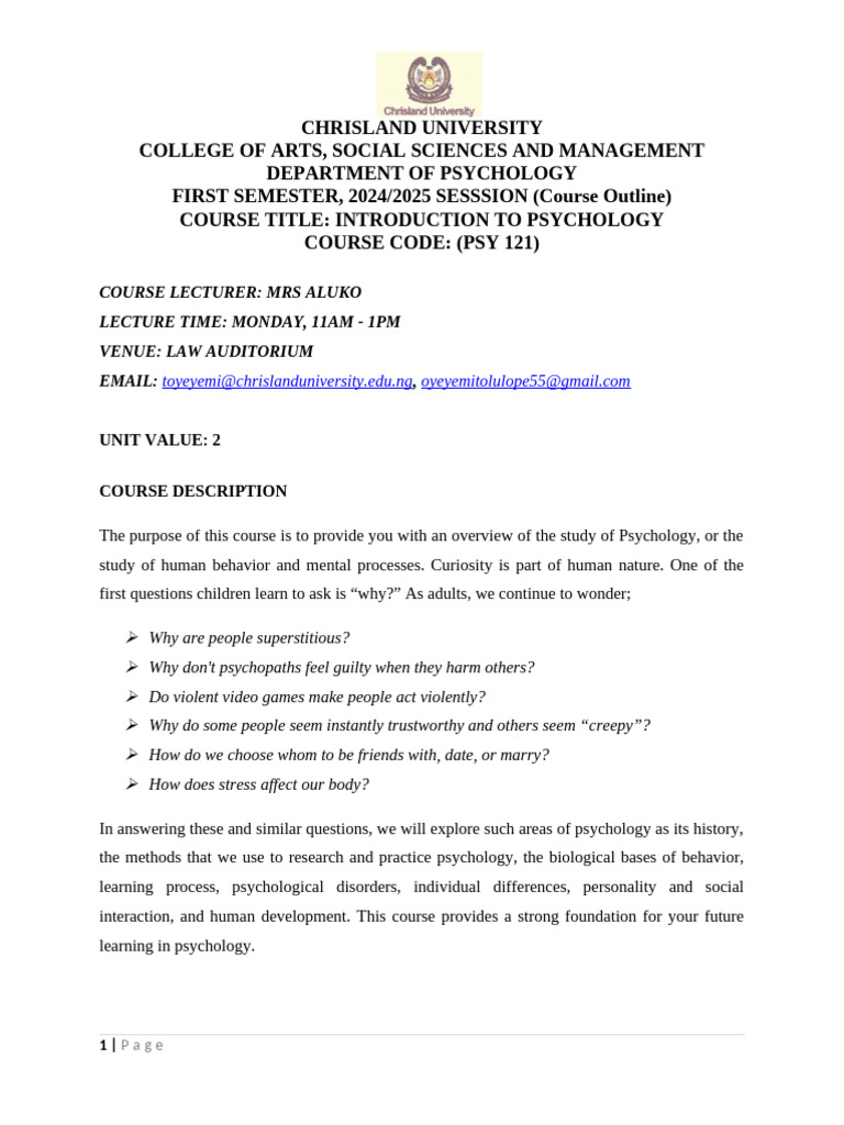 PSY 121 Course Outline 2024-2025 | PDF | Emotions | Motivational