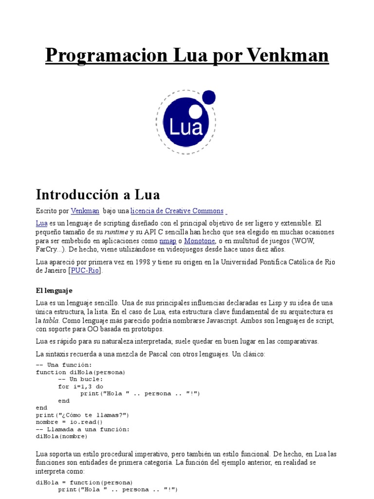 Programacion Lua Por Venkman | PDF | Lenguaje de programación | Objeto (informática)