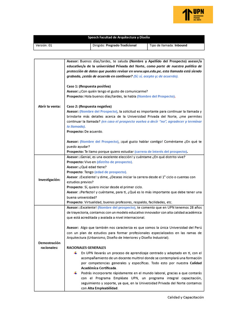 Script Base Inbound Facultad de Arquitectura y Diseño 2024-1 | PDF | Maestros | Plan de estudios