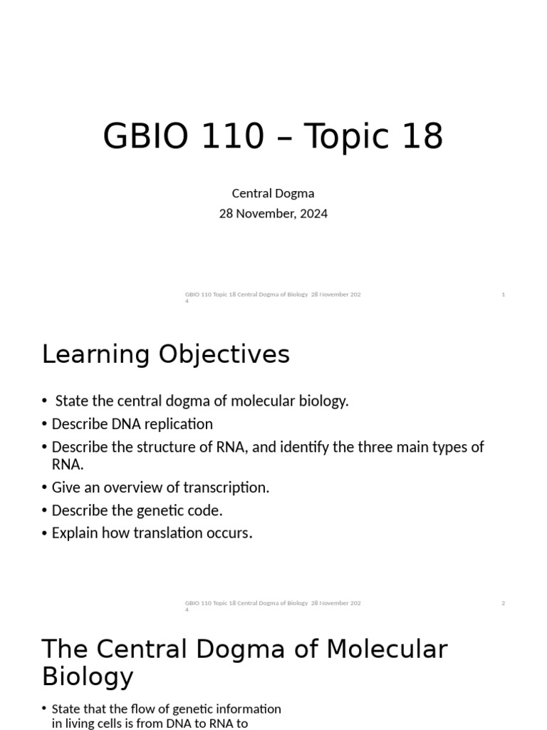 2024 GBIO 110 Topic 18 - Central Dogma | PDF | Genetic Code | Rna