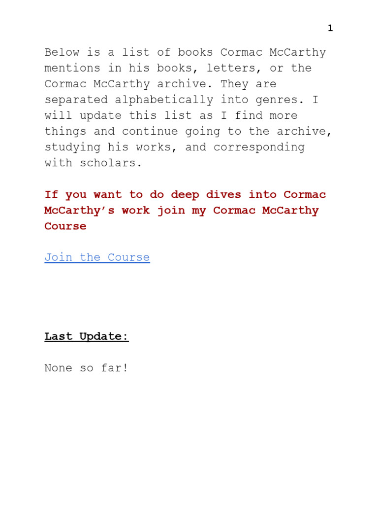 Cormac McCarthy's Influential Books List | PDF