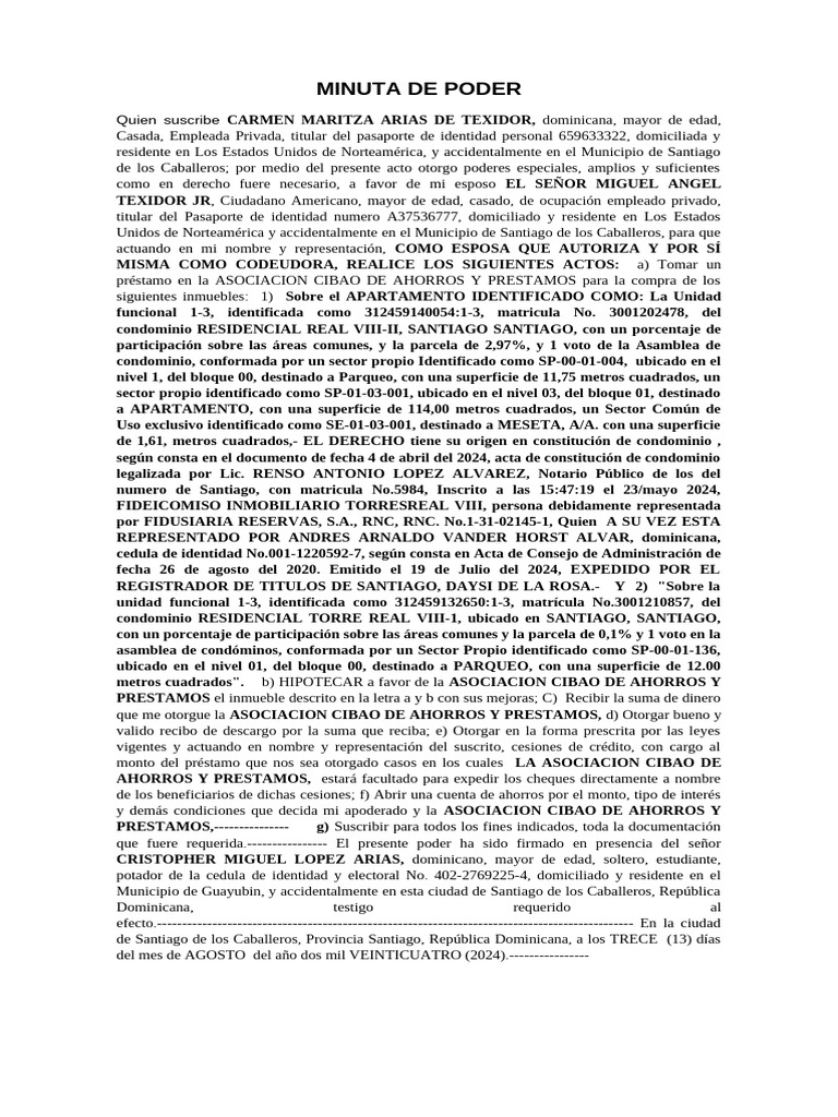Minuta de Poder Maritza Arias Texidor 1 | PDF | Condominio | Ley común