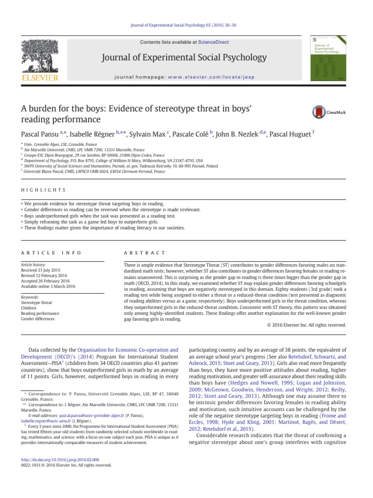 Pansu Et Al. (2016) - Gender and Reading | PDF | Stereotypes | Psychology