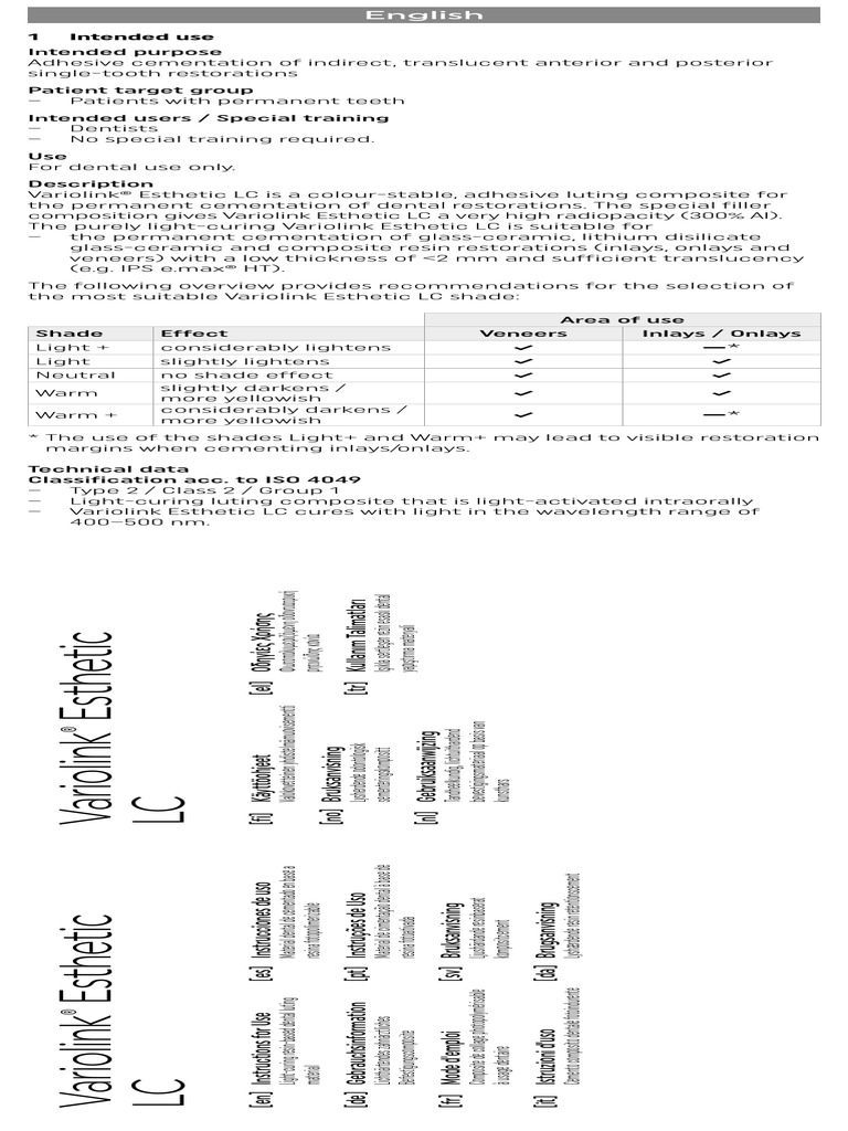 Variolink Esthetic LC - Instructions for use | PDF | Dental Composite ...