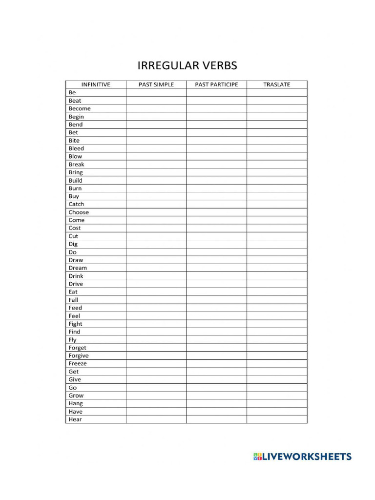 Irregular Verbs Blank | PDF