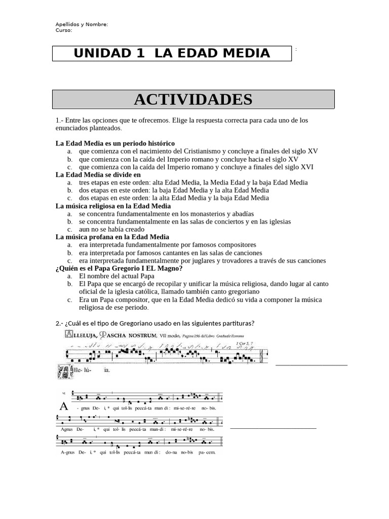 Actividades Del Tema 1 La Edad Media | PDF | Musica Religiosa | Canciones