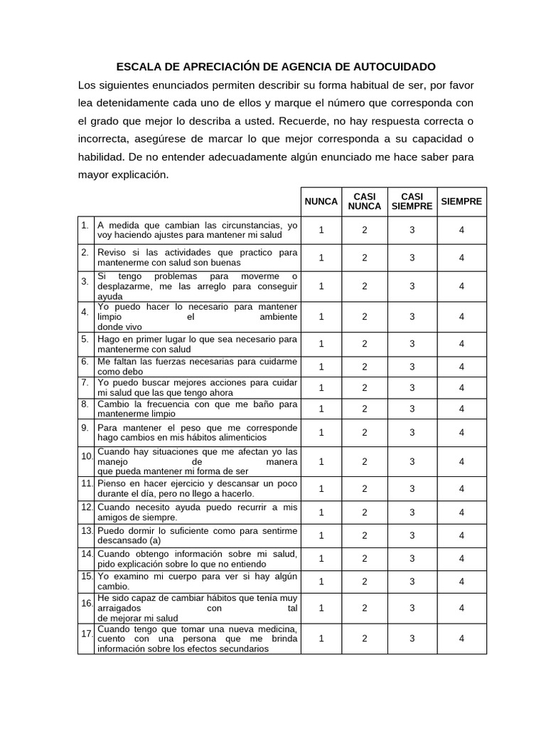 Escala de Apreciación de Agencia de Autocuidado | PDF