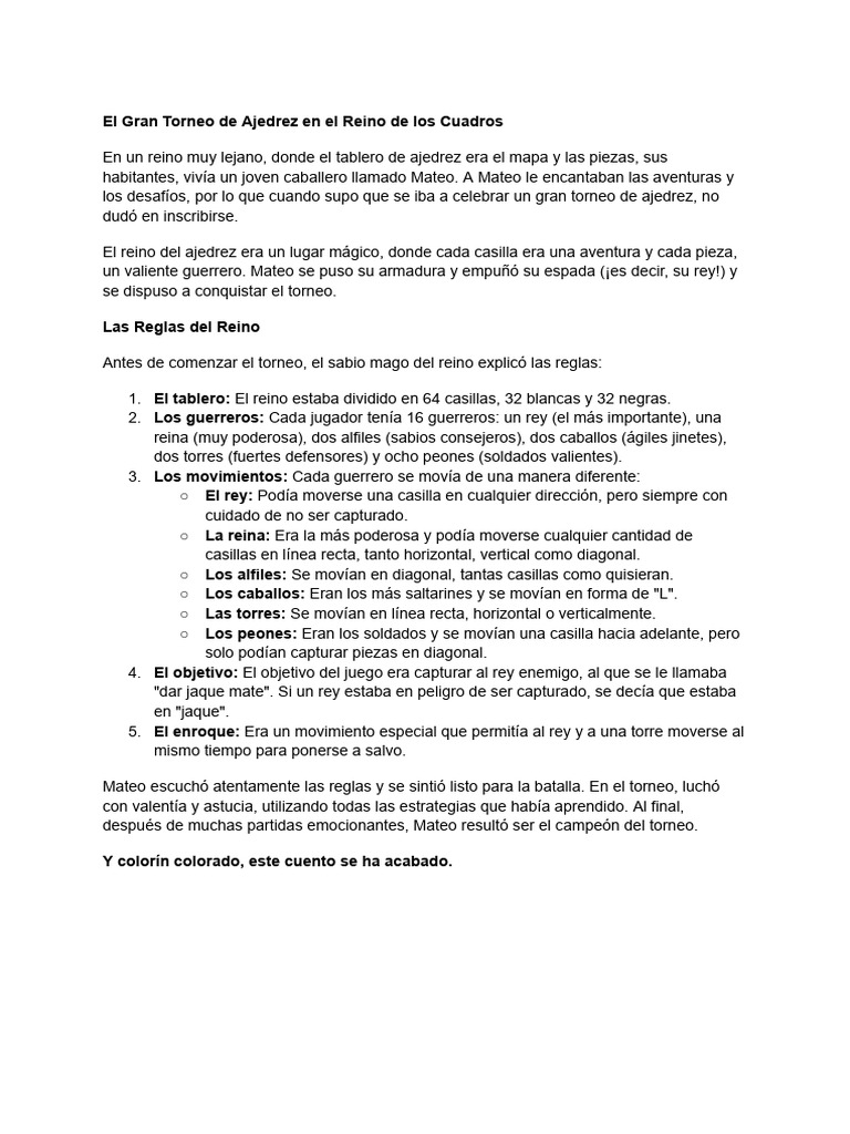 Cuento El Gran Torneo De Ajedrez Pdf
