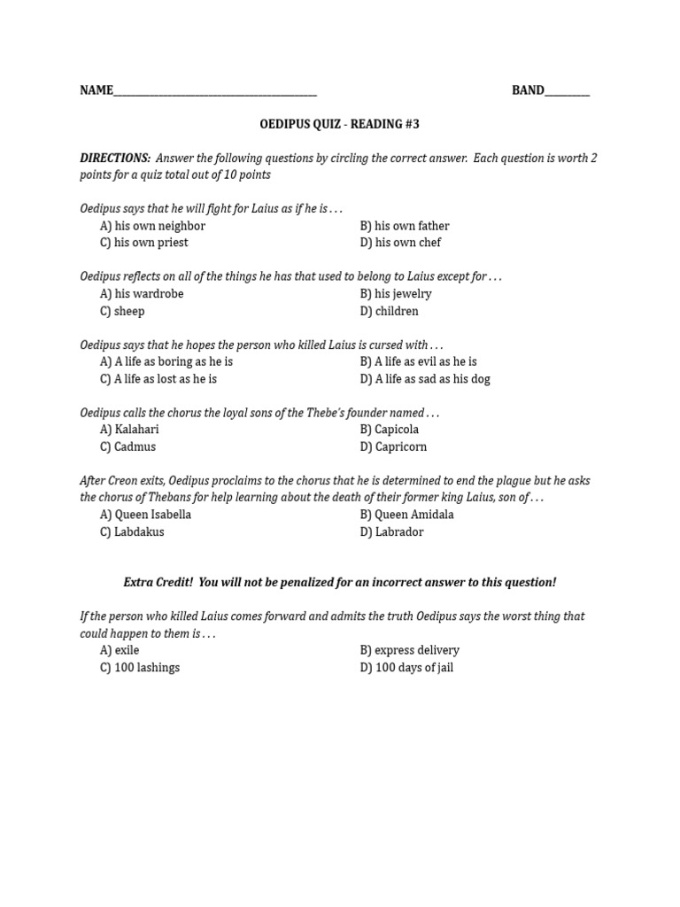 Oedipus Quiz Reading 3 (F2022) | PDF | Oedipus | Theban Mythology