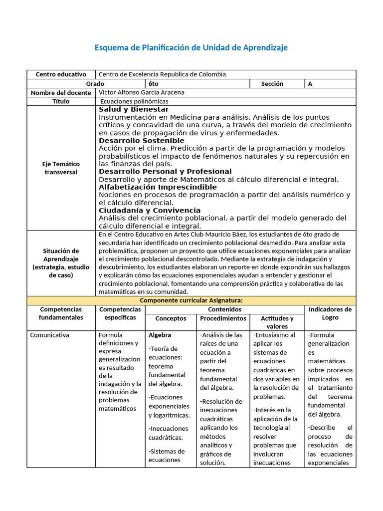 Esquema de Planificación de Unidad de Aprendizaje | PDF | Ecuaciones | Ecuación cuadrática