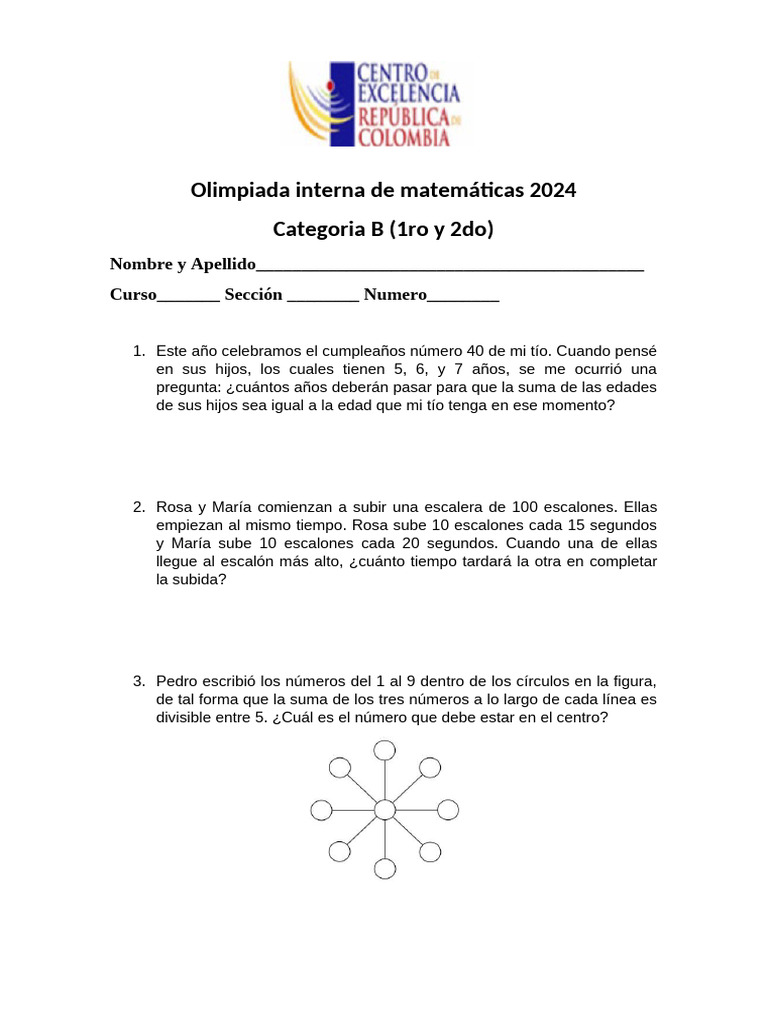 Categoría B - Prueba Olimpíada Matemática 2024 Fase de Centros | PDF