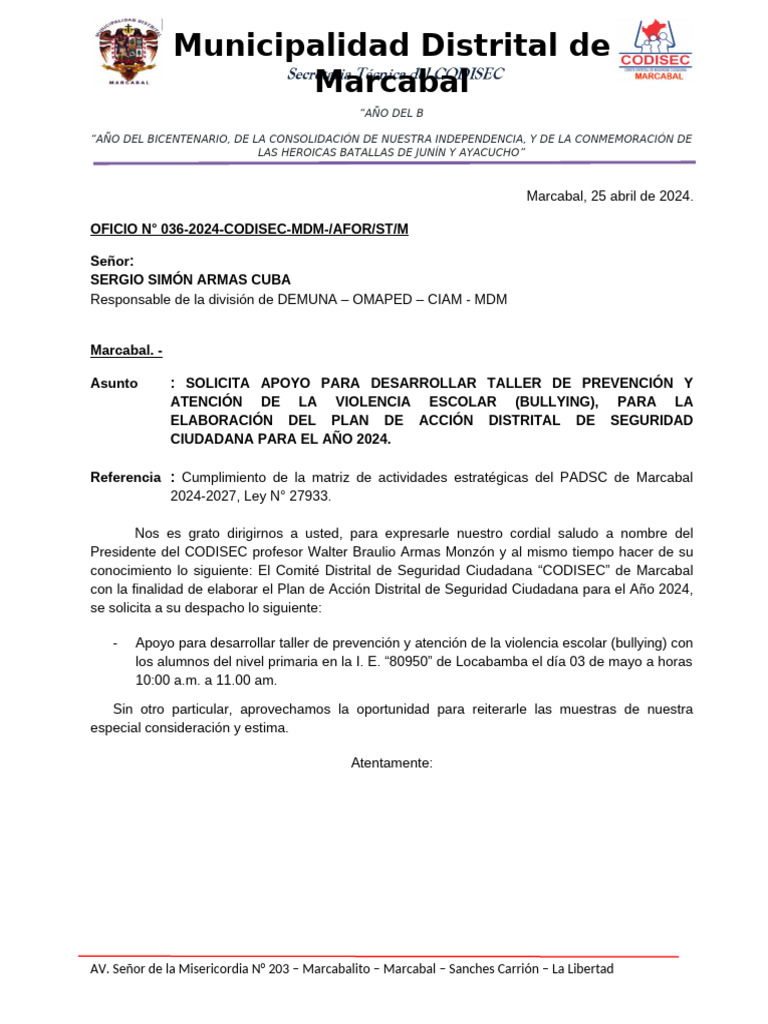 OFICIO CODISEC - 2024 036 A DEMUNA Brindar Taller Violencia Escolar BULLYING | PDF