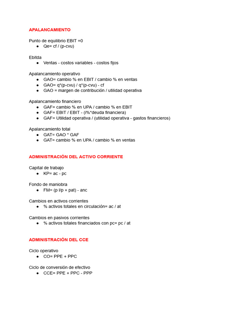Formulas Finanzas Pep 2 | PDF | Apalancamiento (Finanzas) | Crédito