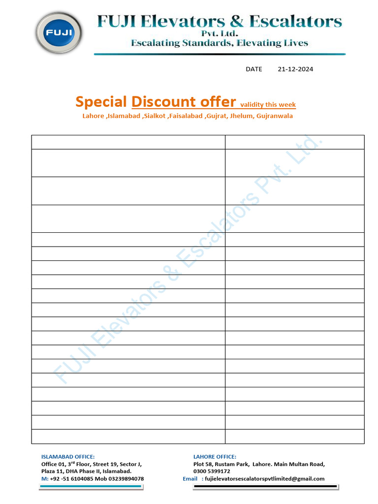 Fuji Elevators Specical Discount Quotation Validity 1 Week, Lahore, Islamabad, Gujrat, Jhelum ...