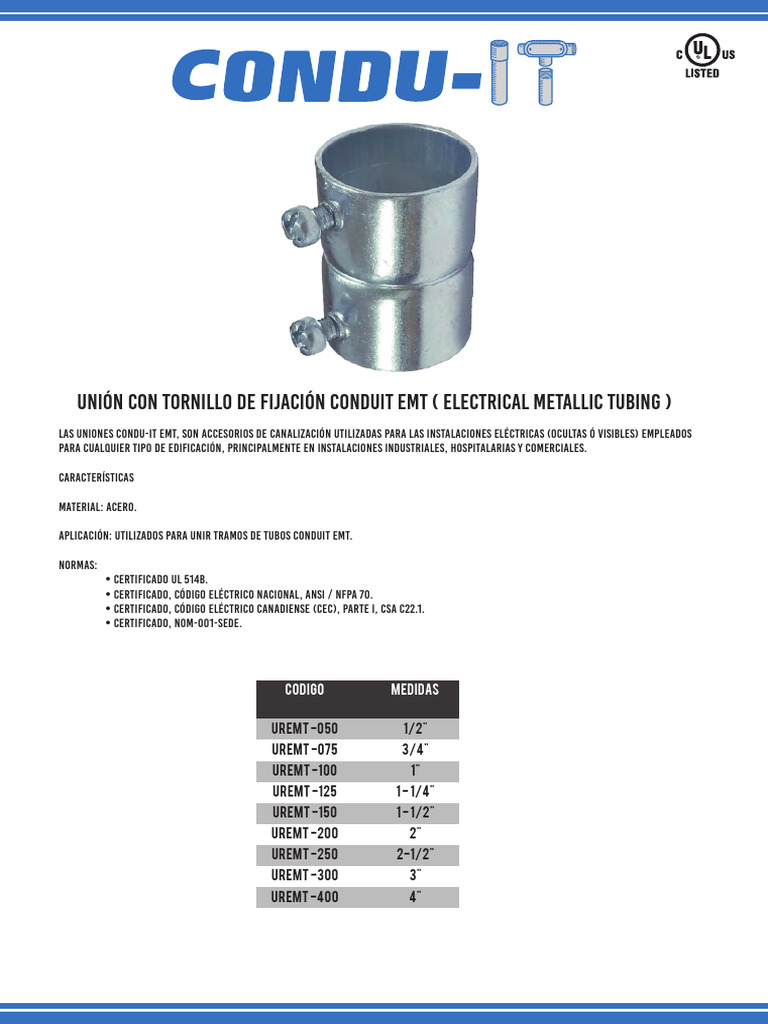 Ficha Tecnica Conduit EMT Unión de Fijación | PDF