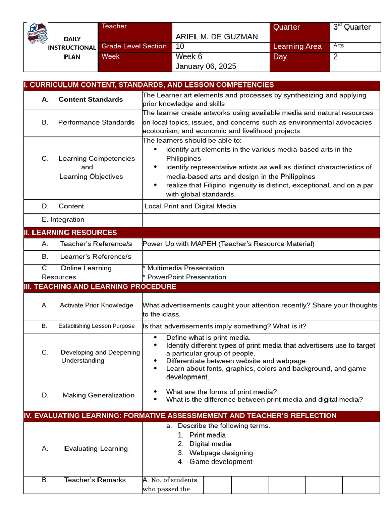 Grade 10 MAPEH Arts Curriculum Overview | PDF | Learning | Teachers