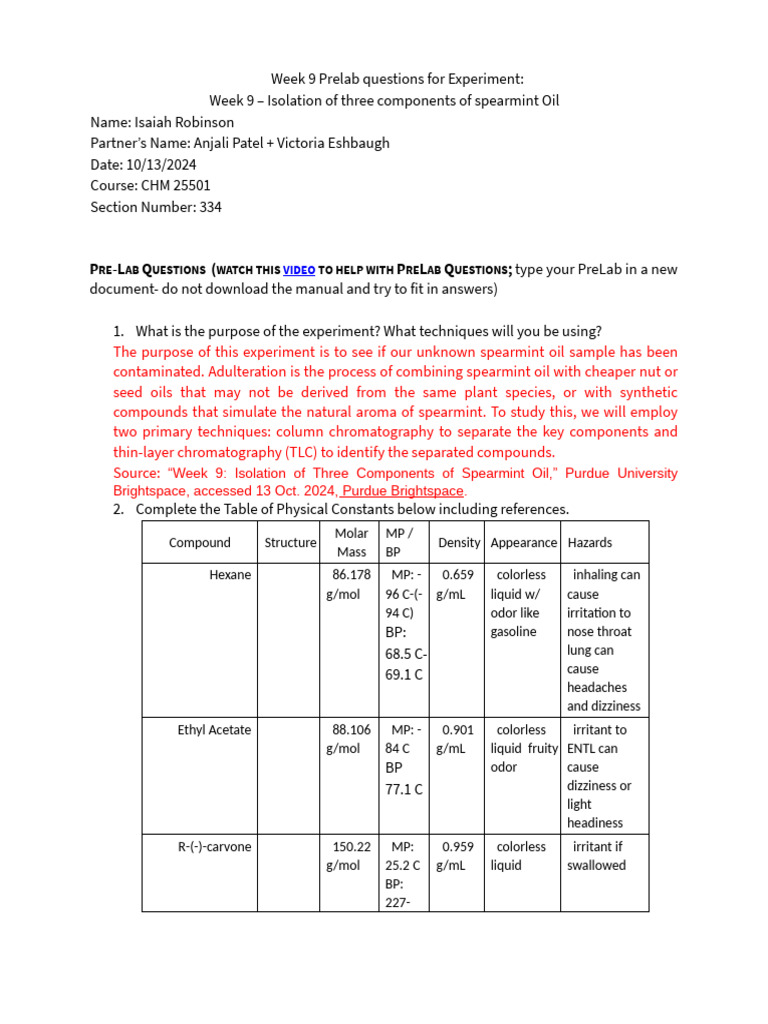 Chemistry Prelab: Spearmint Oil Analysis | PDF | Chromatography | Elution