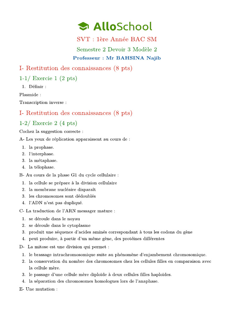 SVT 1bac SM Semestre 2 Devoir 3 Modele 2 1 | PDF