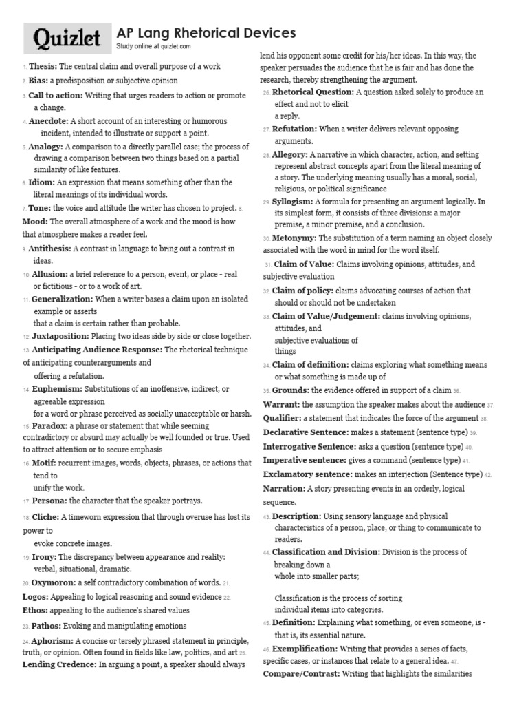 [Template] AP Language and Composition Vocabulary | PDF | Sentence ...