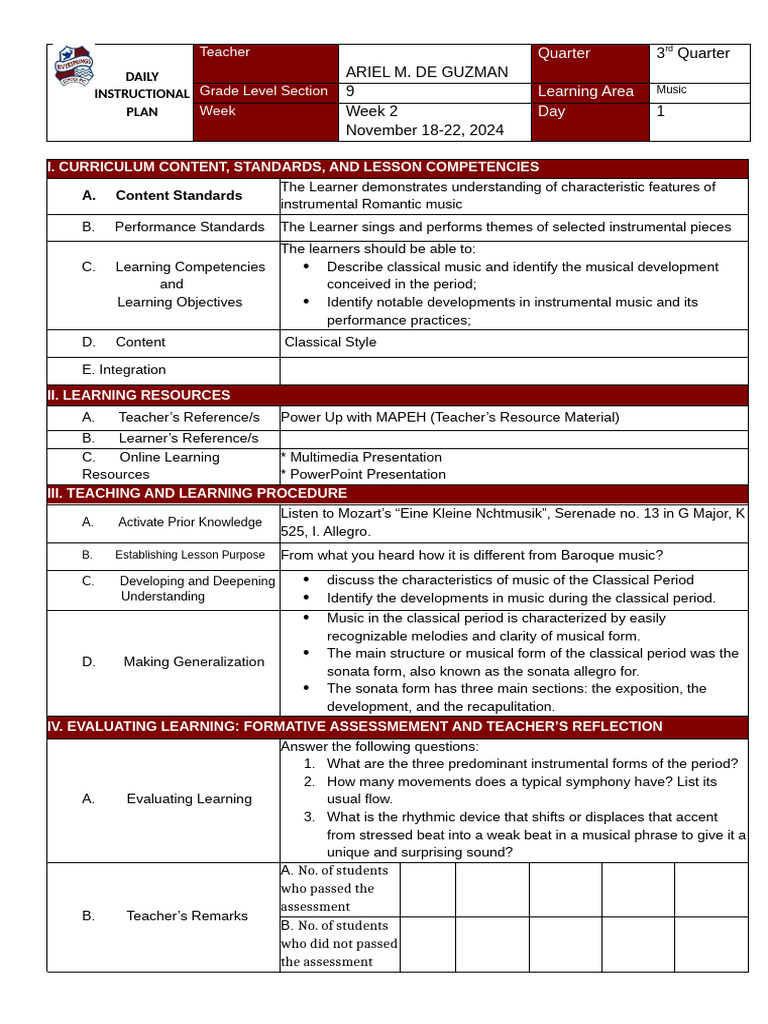 Classical Music Lesson Plan for Grade 9 | PDF | Classical Period (Music ...