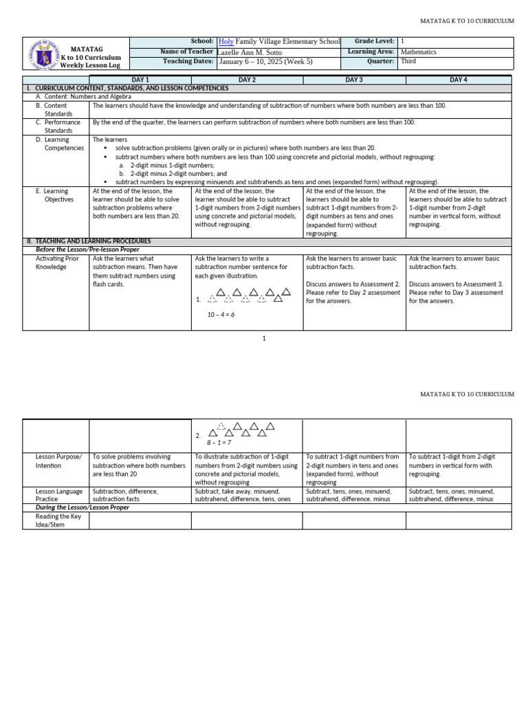 DLL Matatag - Mathematics 1 Q3 - W5 | PDF | Subtraction | Cognitive Science