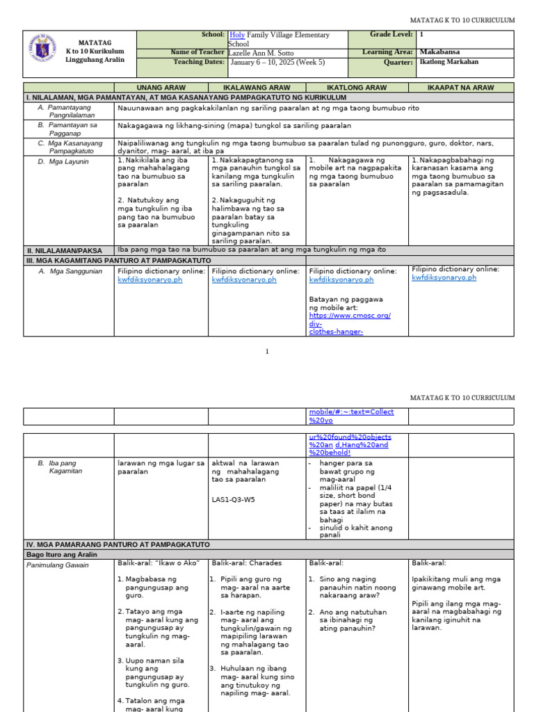 DLL MATATAG_MAKABANSA 1_Q3_W5 | PDF