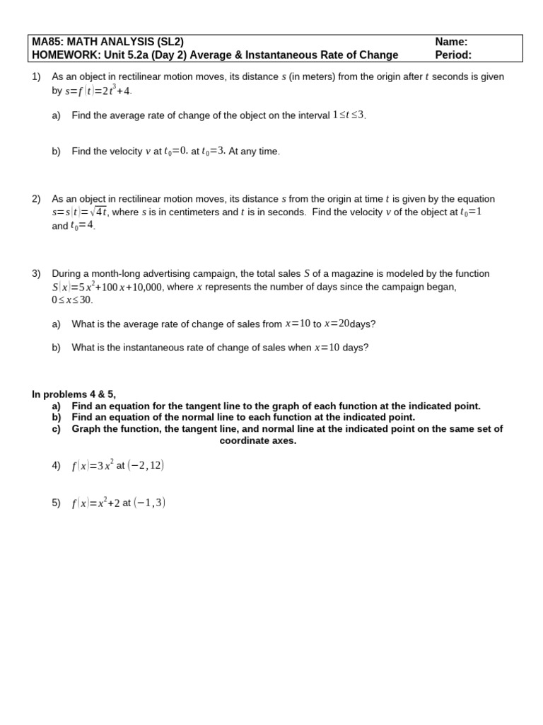 MA85 - Unit 5.2a (Day 2) HW Defining Average & Instantaneous Rate of Change | PDF